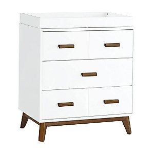 Babyletto Scoot 3-Drawer Changer Dresser with Removable Changing Tray in White and Natural Walnut, Greenguard Gold Certifie
