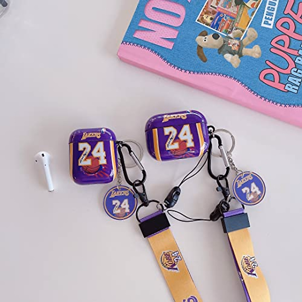 Purple Laker with Basketball Sports Brand Style Lanyard Keychain AirPod 1/2 Case, Personalised and Unique Process TPU Soft AirPods Case Cover. Suitable for Fans Boys Girls Teens