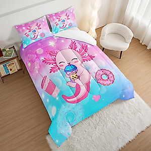 HOSIMA Axolotl Twin Comforter Set Cute Animal Bedding Room Decor for Teen Girls Dessert Milk Tea Donut Bed Princess Toddler Bedding Set Fantasy Blue Purple Twin Bed in a Bag Sets for Adults Teens.