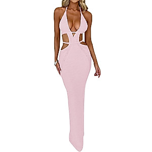 MYBFYABO Women's Halter Bodycon Mini Dress Sleeveless Tie Backless Hollow Out Corset Knit Dress Wrap Dress Summer Beach Dress (Long-Pink, S)