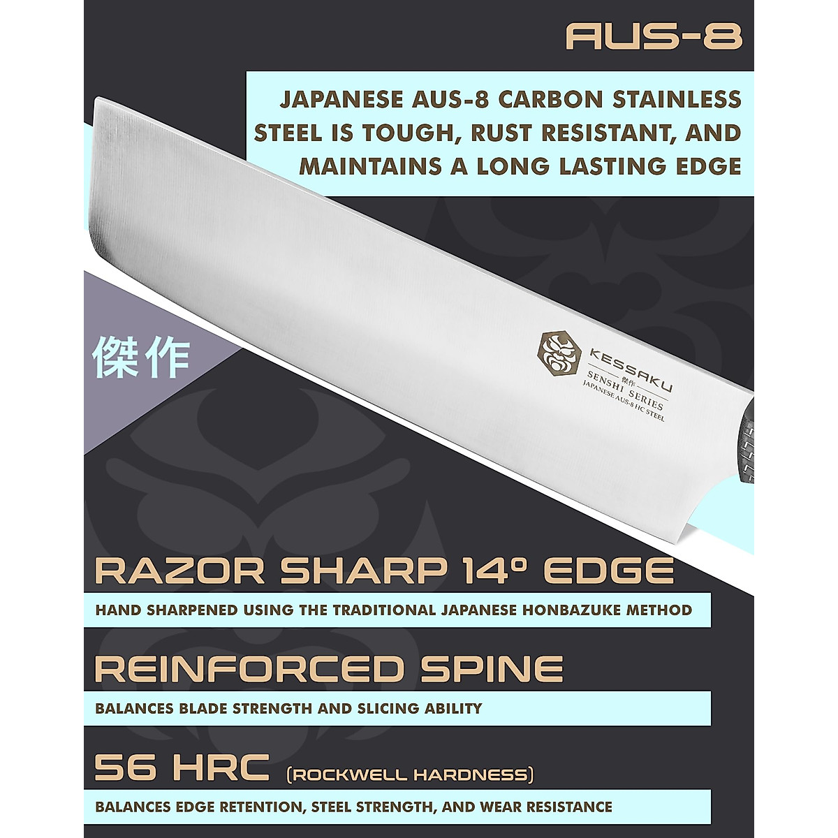 KESSAKU 8-Inch Nakiri Vegetable Cleaver Knife - Senshi Series - Forged Japanese AUS-8 High Carbon Stainless Steel - Carbon Fiber G10 Handle with Sheath