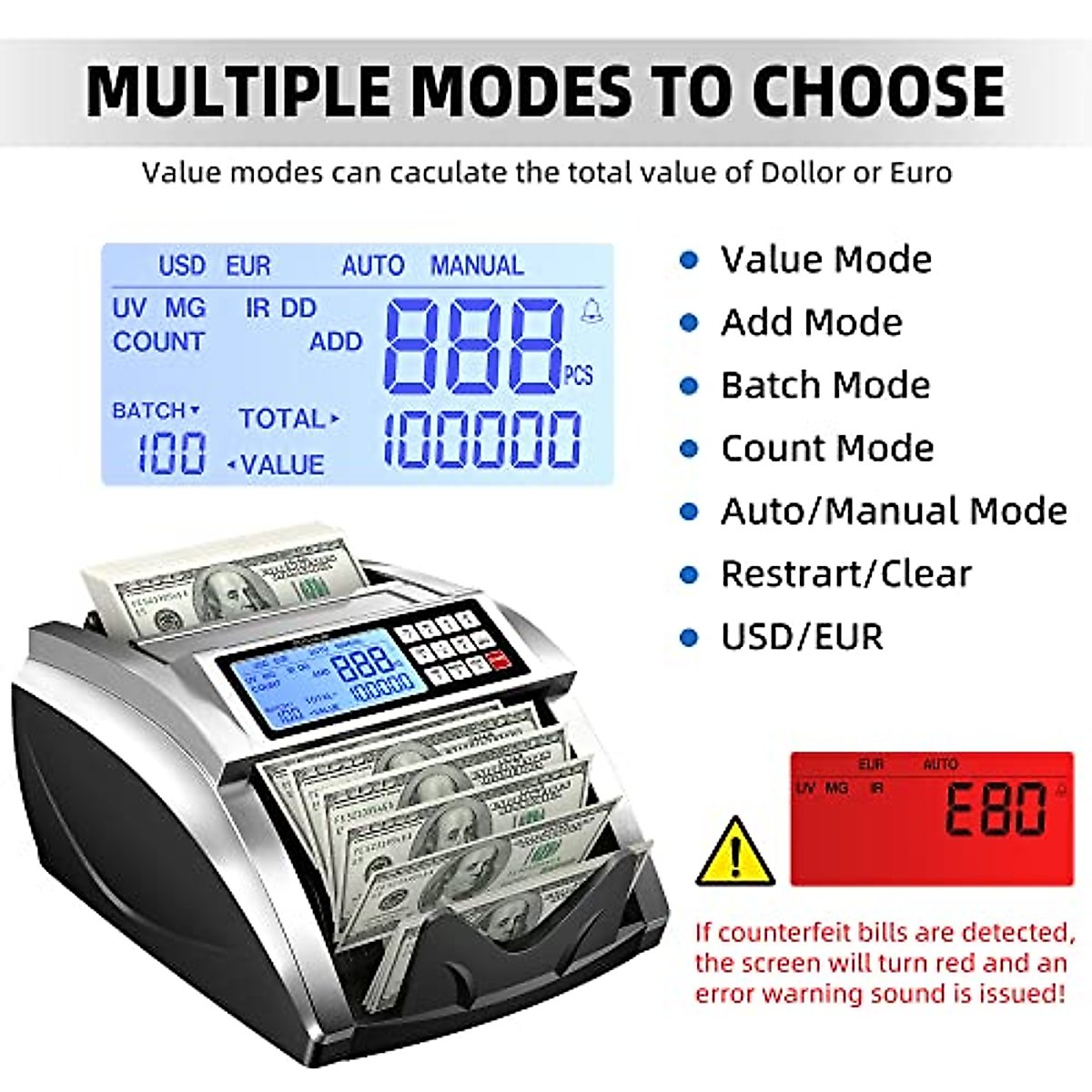 Money Counter Machine PONNOR with Value Count, Dollar, Euro with UV/MG/IR/DD/DBL/HLF/CHN Counterfeit Detection, Bill Cash Counting, Large LCD Display