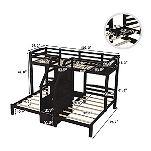 DEYOBED Twin Over Twin & Twin Wooden Triple Bed Bunk Bed with Built-in Storage Staircase and Drawer Storage Board for 3 Kids Adults