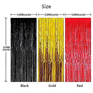 Mickey Birthday Party Supplies, Red Black Gold Fringe Curtains Photo Backdrop for Party Decorations (3 Pack)