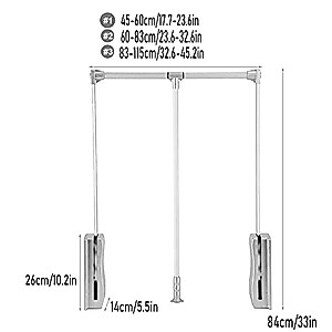 WERTY Pull Down Closet Rod Aluminum Adjustable 17.7-45.2 in Heavy Duty Closet Pull Down Rods Hanger for Hanging Clothes Wardrobe Lift Rail Organizer Storage System, Clothing Finishing Rack