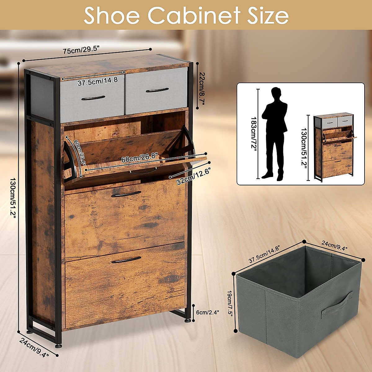 HSSZXFR Narrow Shoe Cabinet for Entryway Slim Shoe Rack Cabinet 3 Drawer Farmhouse Shoe Rack for Closet with Adjustable Shelf, Freestanding Wood Closed Shoe Rack for Home and Apartment