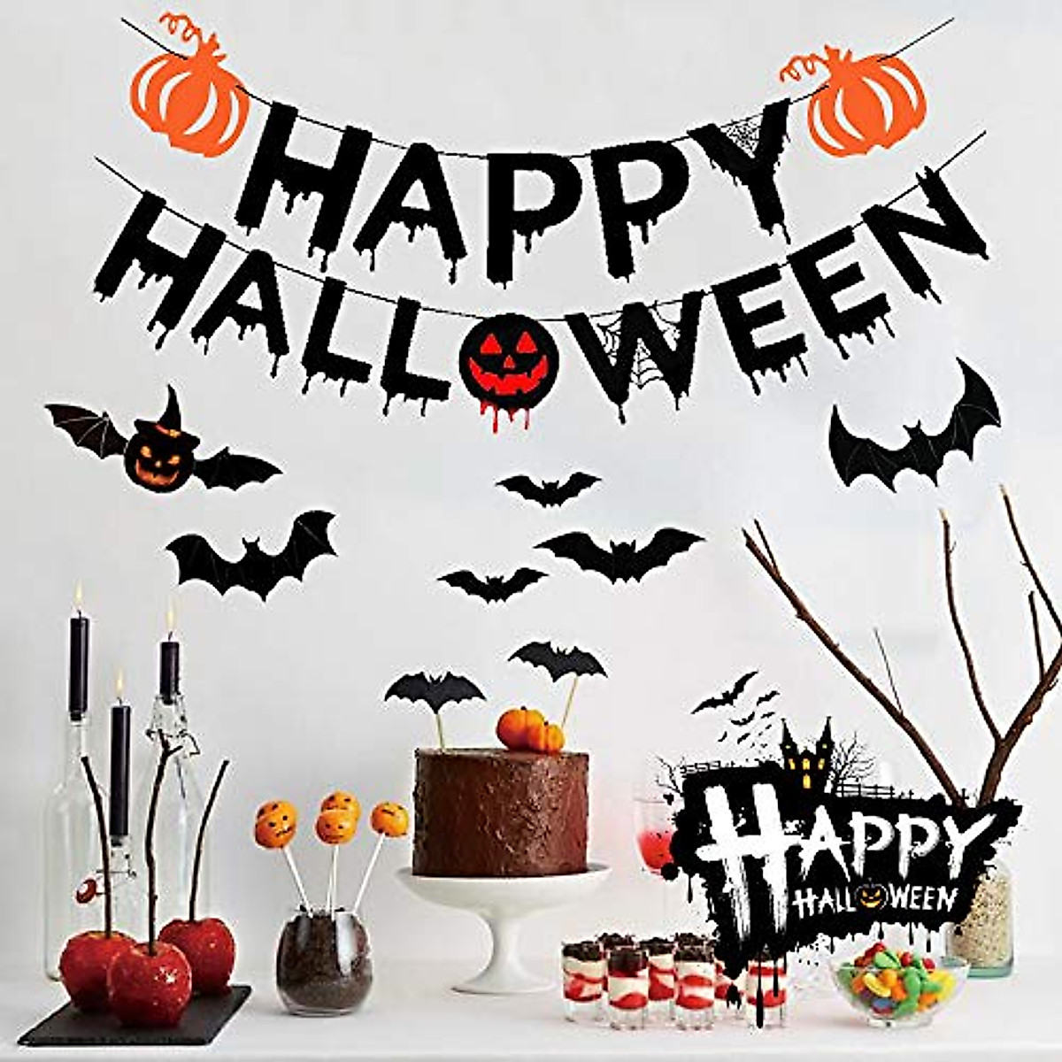 JOLLY SWEETS Happy Halloween Banner Set with Scary Bat Stickers 28Pcs, Pumpkin Sign Designed with Ghost, with Scary 3D Bat Wall Stickers, Halloween Decorations, Halloween Party Supplies