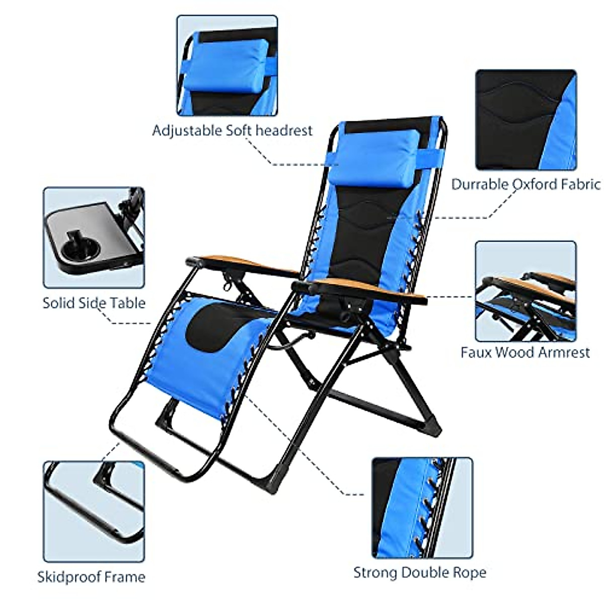 Cecarol XL Oversized Reclining Patio Chair, Zero Gravity Outdoor Lounge Chair Padded Seat, Portable Folding Lawn Recliner with Adjustable Headrest & Cup Holder for Camping, Support 350lbs - Blue