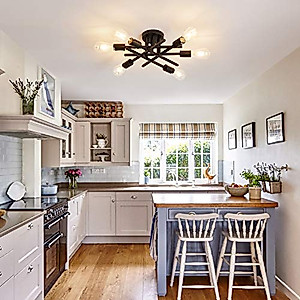 ASGYISA Semi Flush Mount Modern Ceiling Light Fixture， 6 Lights Black Vintage Matte Sputnik Chandelier Ceiling Lamp with E26 Bulb Base for Farmhouse Dining Room Living Room Bedroom Study Kitchen