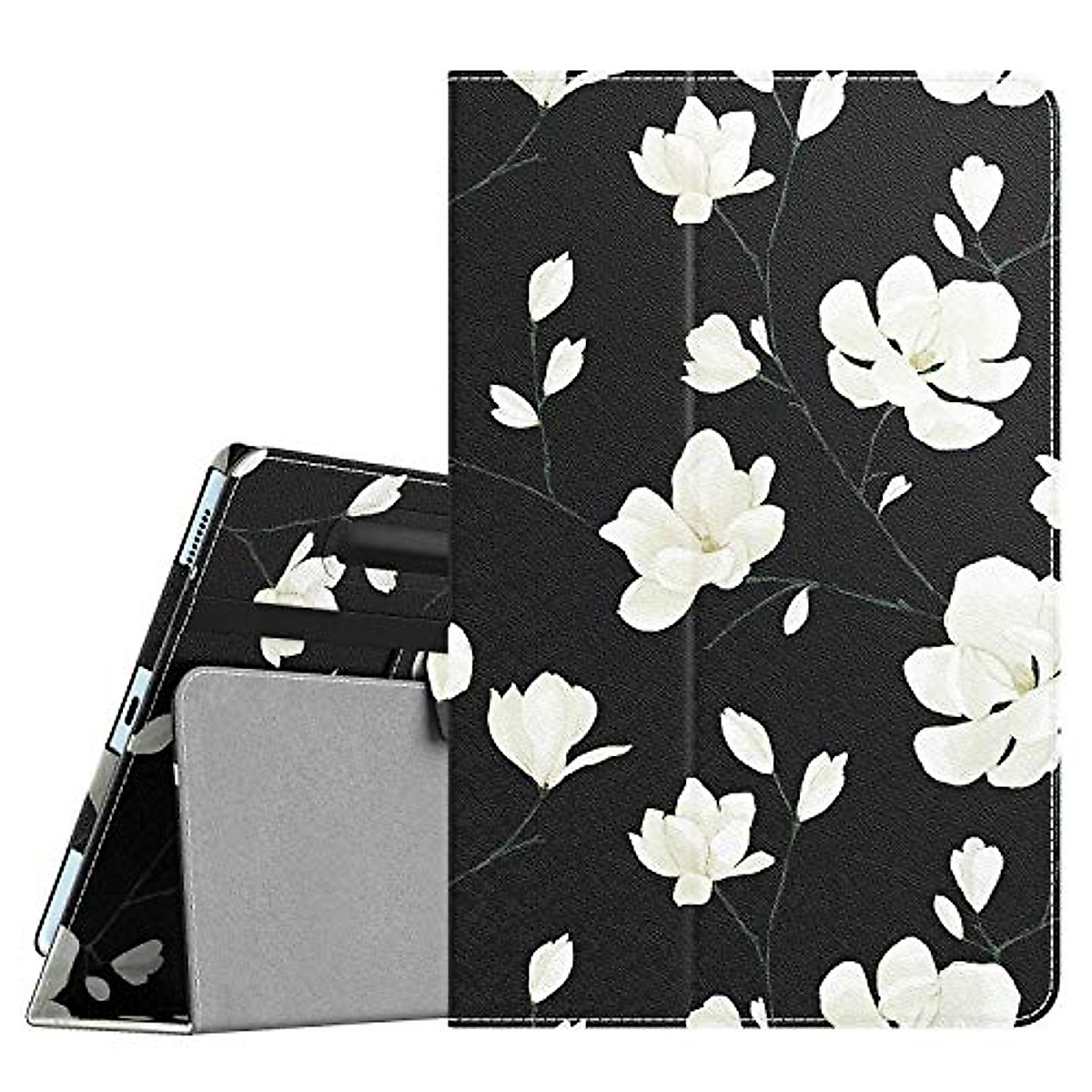 MoKo Case Compatible with Galaxy Tab S6 Lite 2020, Slim PU Tablet Shell Cover Stand Case with Auto-Wake S-Pen Holder Fit Samsung Galaxy Tab S6 Lite 10.4 2020 SM-P610/P615 ONLY - Black & White Magnolia