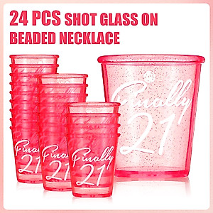Bokon 24 Pcs 21st Birthday Shot Glass Finally 21 Birthday Shot Necklaces Cups Plastic 21st Shot Glass on Beaded Necklaces for Adults Party Supplies Favors Decorations(Hot Pink)