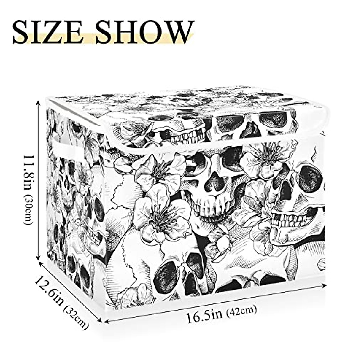 Kigai Storage Basket Abstract Skull Black White Storage Boxes with Lids and Handle, Large Storage Cube Bin Collapsible for Shelves Closet Bedroom Living Room, 16.5x12.6x11.8 In