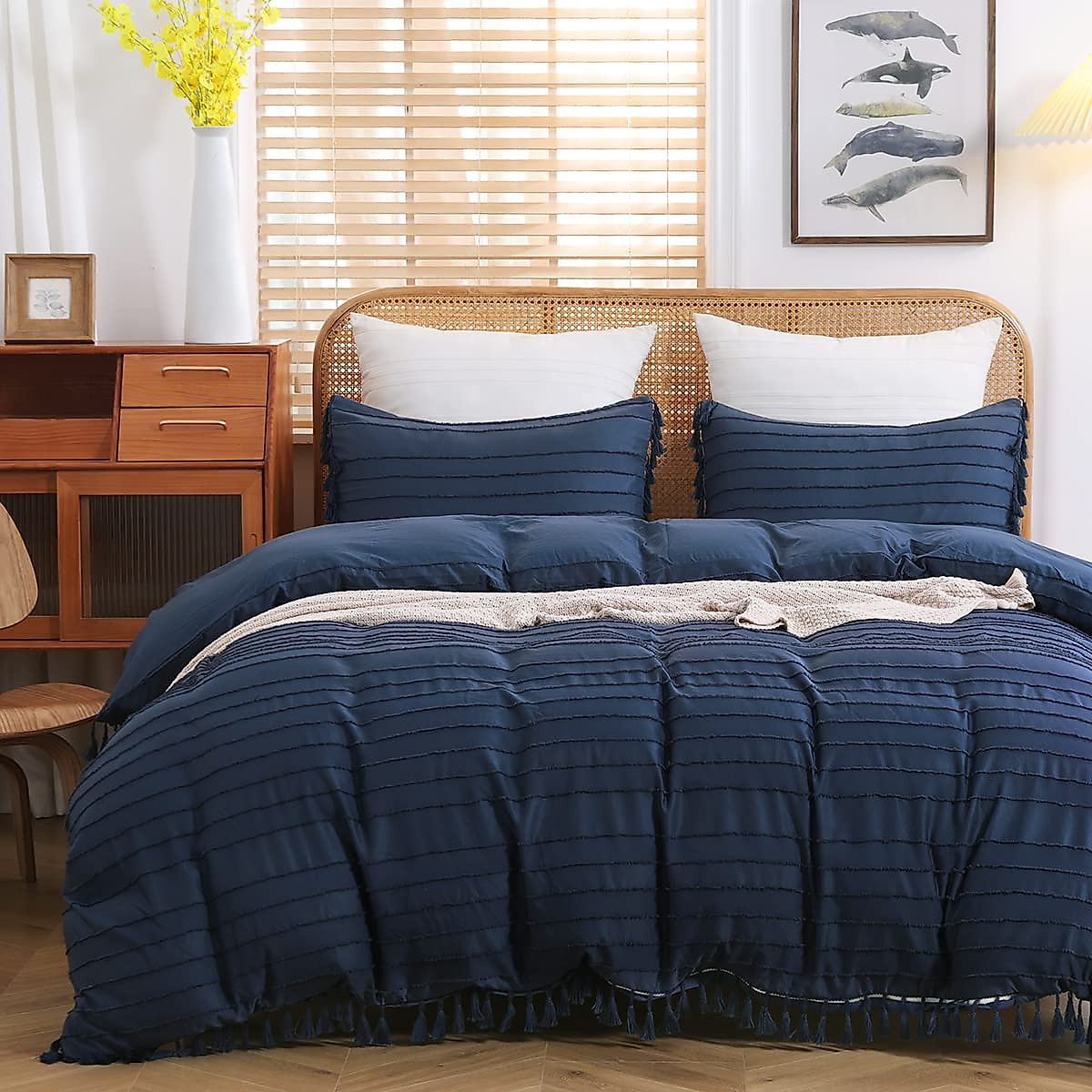Vaulia Soft Microfiber Textured Duvet Cover Set with Tassels Design, Boho Chic Embroidery Striped Pattern Dark Blue, Queen Size 3-Piece Set (1 Duvet Cover 2 Pillow Shams)