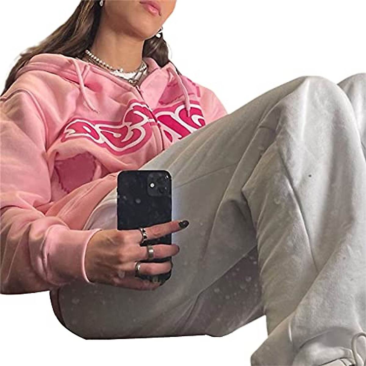 NUFIWI Women Graphic Printed Oversized Y2K Sweatshirt Zip Up Long Sleeve Hoodies Aesthetic Jacket Streetwear with Pockets （Pink, L