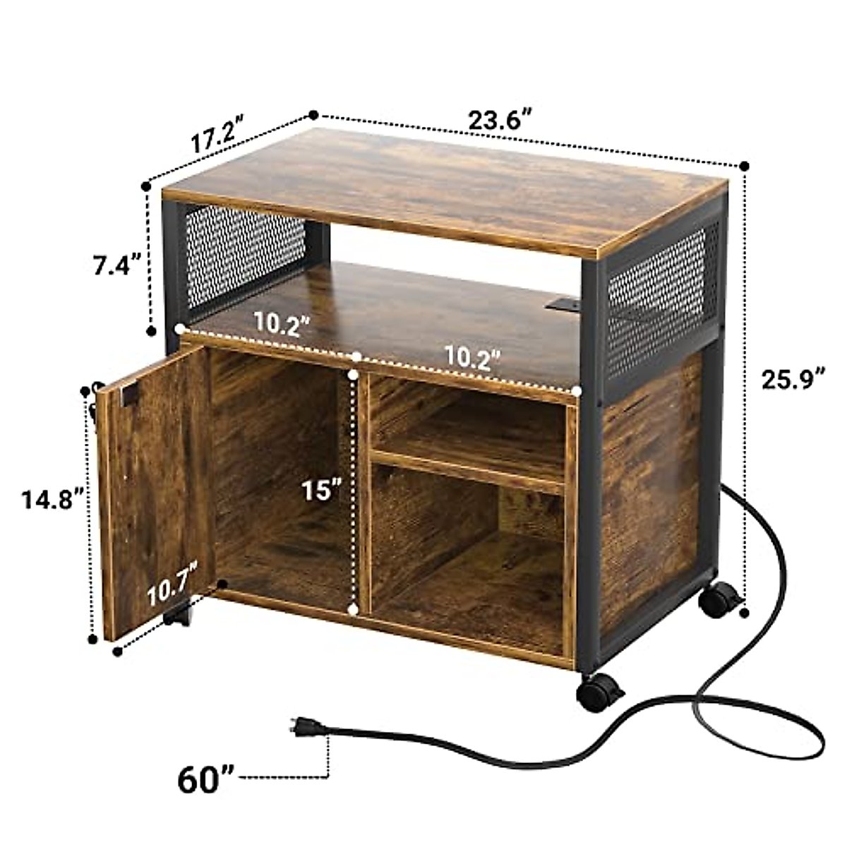 Unikito Lateral File Cabinet, Locking Office Filing Cabinets with Socket and USB Charging Port, Modern Rolling Printer Stand with Storage for A4, Letter Size and File Folders, Rustic Brown