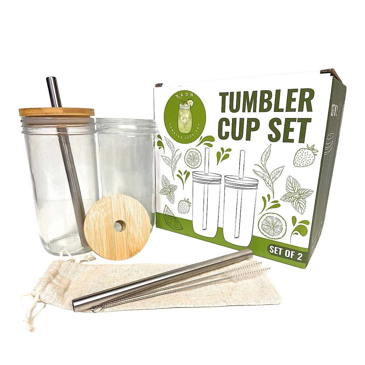 TADN Tumbler Cup Set with Lids and Straws 24oz (Set of 2) Wide Mouth Drinking Glasses Cups - Modern Style - Great for Smoothie, Bubble tea, Fresh Water, Ice Coffee -Reusable