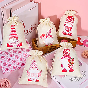 Whaline 24Pcs Valentine's Day Burlap Gift Bags Pink Gnome Pattern Drawstring Candy Bags Rustic Linen Pouches Sacks for Valentine's Day Party Favors Wedding Bridal Shower Supplies, 5 x 7Inch