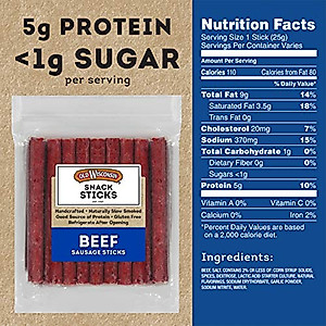 Old Wisconsin Beef Sausage Snack Sticks, Naturally Smoked, Ready to Eat, High Protein, Low Carb, Keto, Gluten Free, 26 Ounce Resealable Package