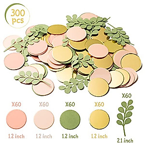 BeYumi 300Pcs Sage Olive Green Peach Blush Round Scatter Confetti Dots Greenery Confetti Decorations with Eucalyptus Table Decoration for Sage Wedding Bridal Baby Shower Greenery Theme Party Gender Reveal
