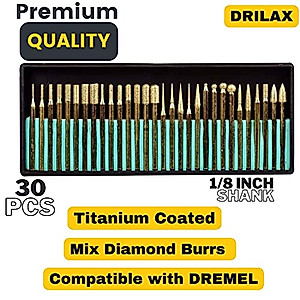 Diamond Drill Bit Burr Set Titanium Coated Bur Including 1mm 2mm 3mm Compatible with Dremel Tool Mixed Shapes Standard Shank Shaft 30 pieces