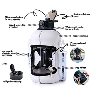 H2O Capsule 2.2L Half Gallon Water Bottle with Storage Sleeve and Covered Straw Lid – BPA Free Large Reusable Drink Container with Handle - Big Sports Jug, 2.2 Liter (74 Ounce) Canvas White