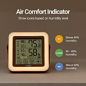 HubiBaby Digital Hygrometer Indoor Thermometer Humidity Meter Room Thermometer, Humidity Monitor for Home, Bedroom, Baby Room, Office, Greenhouse, Cellar, Portable Nightlight (Dark Wood)