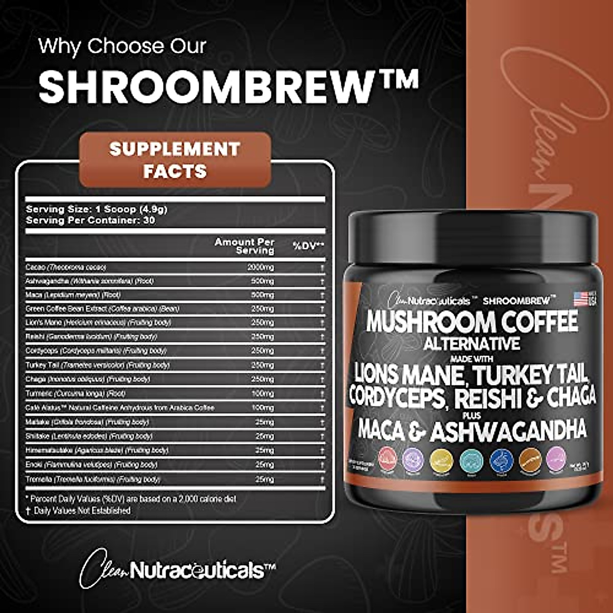 Clean Nutraceuticals Mushroom Coffee Alternative Mix - Maca Coffee with Lions Mane Mushroom, Cordyceps & Ashwagandha - Cacao Based with Maca Root, Turkey Tail, Chaga & Reishi Mushroom - USA Made