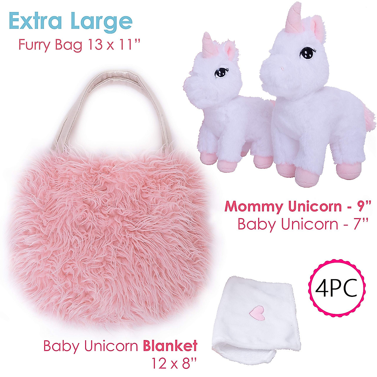 Perfectto Design Unicorn Toy for Girls Age 3-10. 4 PCS Set - Mommy and Baby Stuffed Animals, Bag and a Doll Blanket. Unicorn Gift for 3-8 Year Old Birthdays and Christmas.