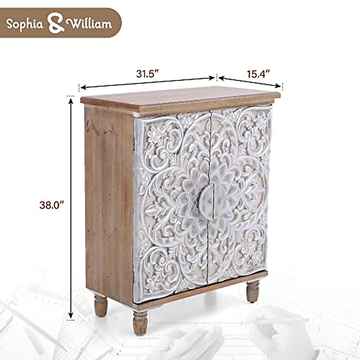 Sophia & William Accent Storage Cabinet with 2 Doors, Distressed Decorative Cabinet Storage Organizer with Wood Frame and Silver Embossed Pattern for Entryway Hallway Lvinig Room