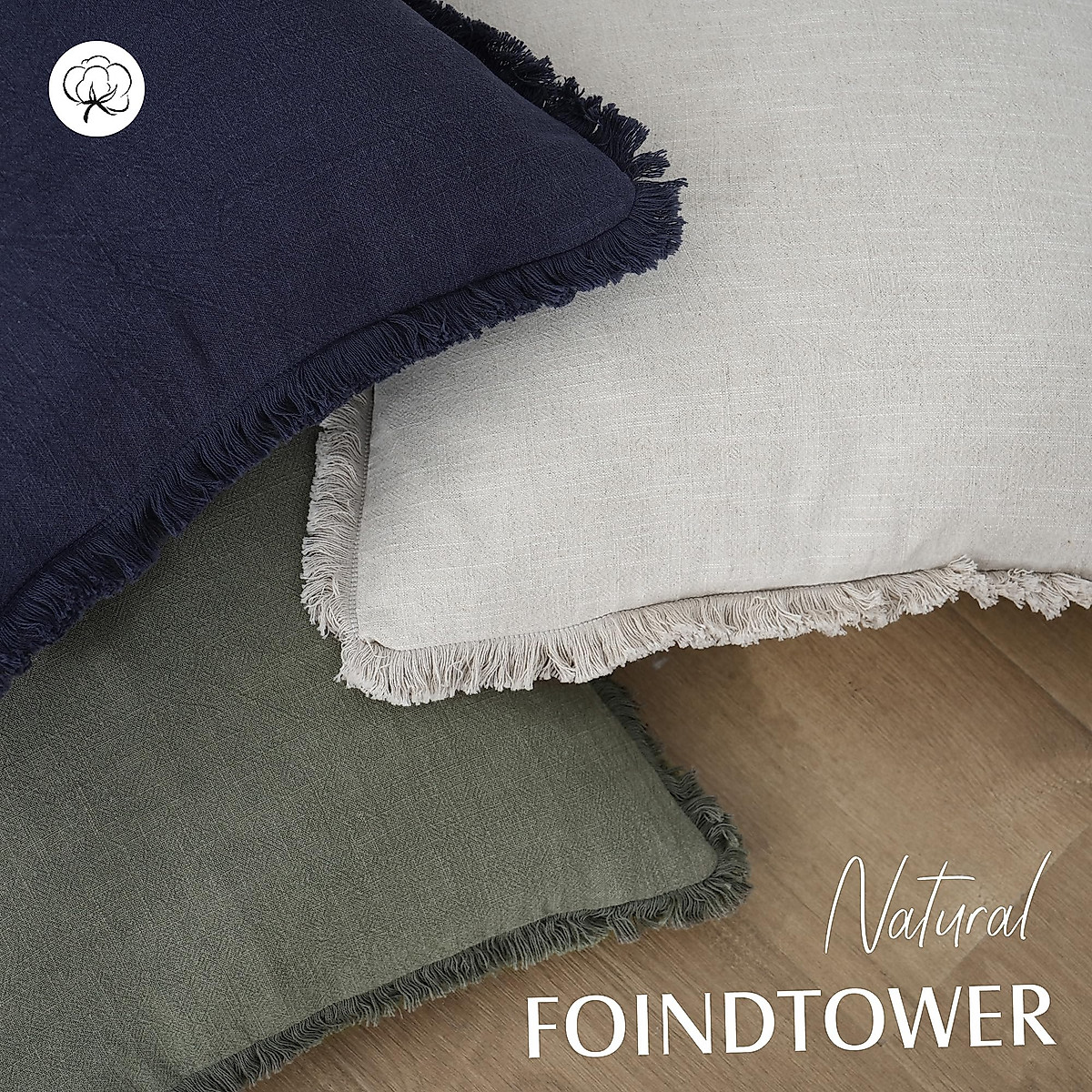 Foindtower Set of 2 Decorative Linen Fringe Throw Pillow Covers Cozy Boho Farmhouse Cushion Cover with Tassels Soft Accent Pillowcase for Couch Sofa Bed Living Room Home Decor,18×18 Inch,Olive Green