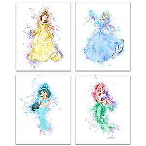 Princess Room Decor Wall Art,Watercolor Princess Decor For Girls Room,Ariel Jasmine Cinderella Belle, Princess Wall Decor For Girls Bedroom or Nursery,(8x10) Set of 4 Prints Unframed