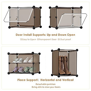 UNZIPE Shoe Rack with Door, 56 Pairs Shoes Storage Cabinet Plastic Freestanding Shoe Shelves DIY Cube Organizer for Closet, Bedroom，Garage Entryway, Dark Coffee