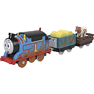 Thomas & Friends Motorized Toy Train Muddy Thomas Engine with Cargo Cars & Cow for Preschool Pretend Play Kids Ages 3+ Years