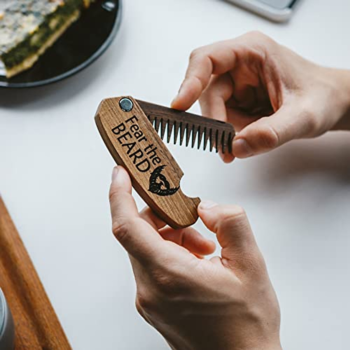 Wooden Beard Comb for Men Folding Pocket Comb for Moustache Beard & Hair Walnut Combs with the Engraving (Fear The Beard)