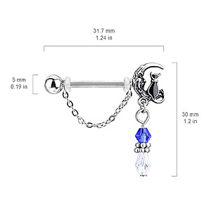 Pierced Owl 14GA Cat and Crescent Moon with Bead Chain Dangle Nipple Barbells, Sold as a Pair