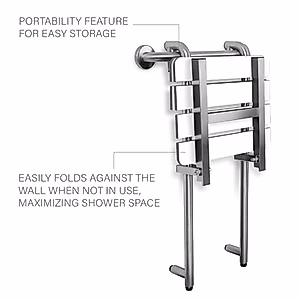 Portable Hanging Profile Bench Shower Seat with 18-inch Grab Bar, Grab Bar Supported, Stainless Steel, White