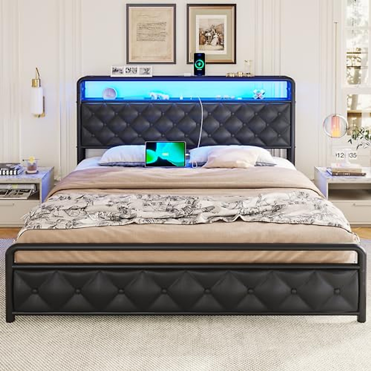 ADORNEVE Queen LED Bed Frame with Storage Headboard,Faux Leather Queen Size Platform Bed Frame with Power Outlets & USB Ports,Noise-Free,Black