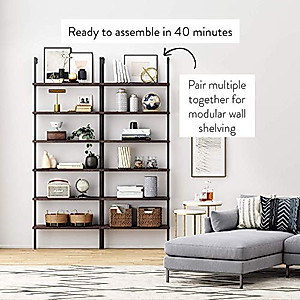 Nathan James Theo 6-Shelf Tall Bookcase, Wall Mount Bookshelf with Natural Wood Finish and Industrial Metal Frame, Nutmeg/Matte Black