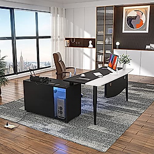 Unikito 55inch Computer Desk with Cabinet, Large Black L Desk with LED and Charging Station, Home Office Desk with Door and Storage, Office Desk with Power Outlet, Gaming White Desk PC Table