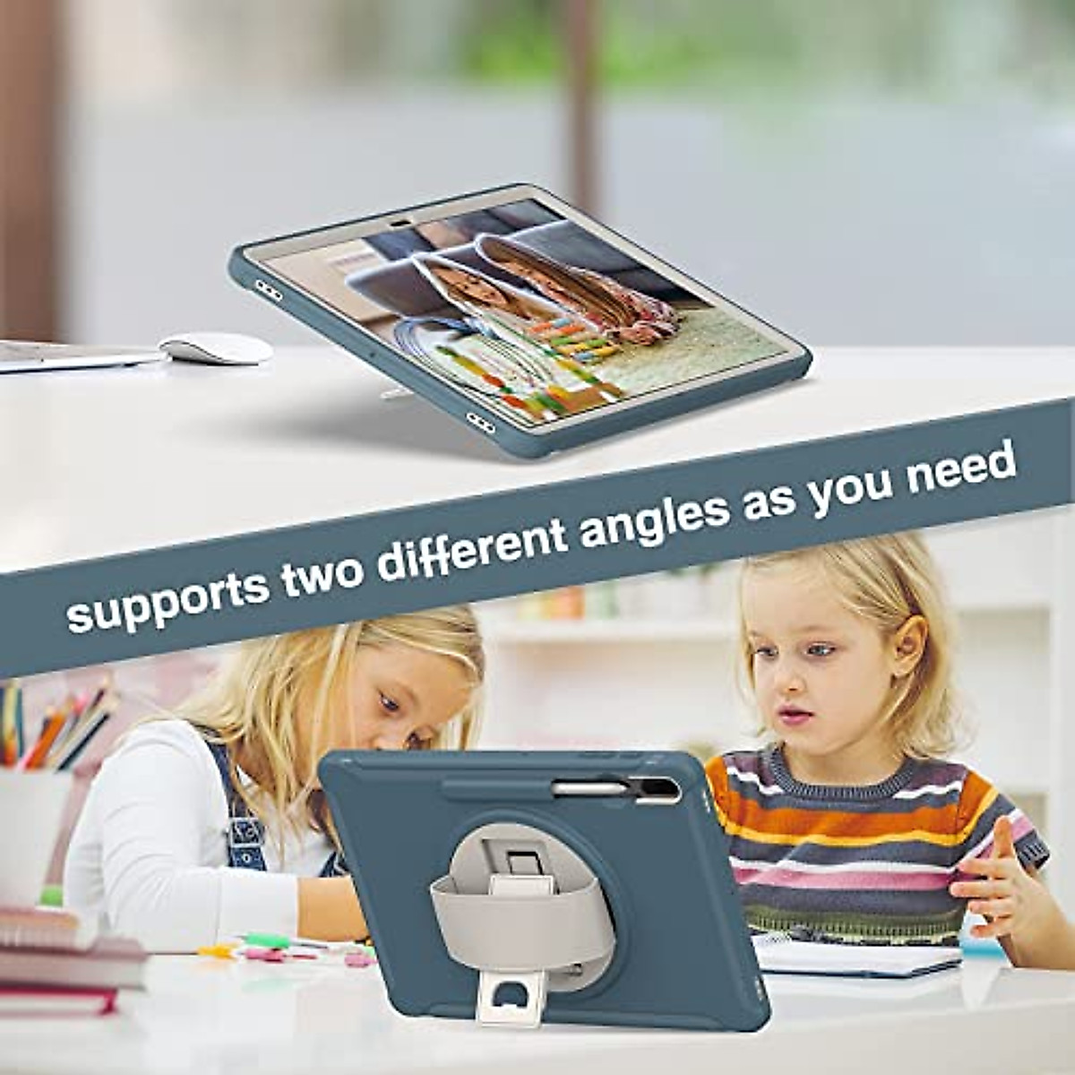 Junfire Galaxy Tab S8 Plus Protective Cover Case, Samsung Galaxy Tab S7 FE/S7 Plus 12.4" Shockproof Rugged Case with Hand Strap/Pencil Holder/Kickstand 2022/2020-Cronflower Blue