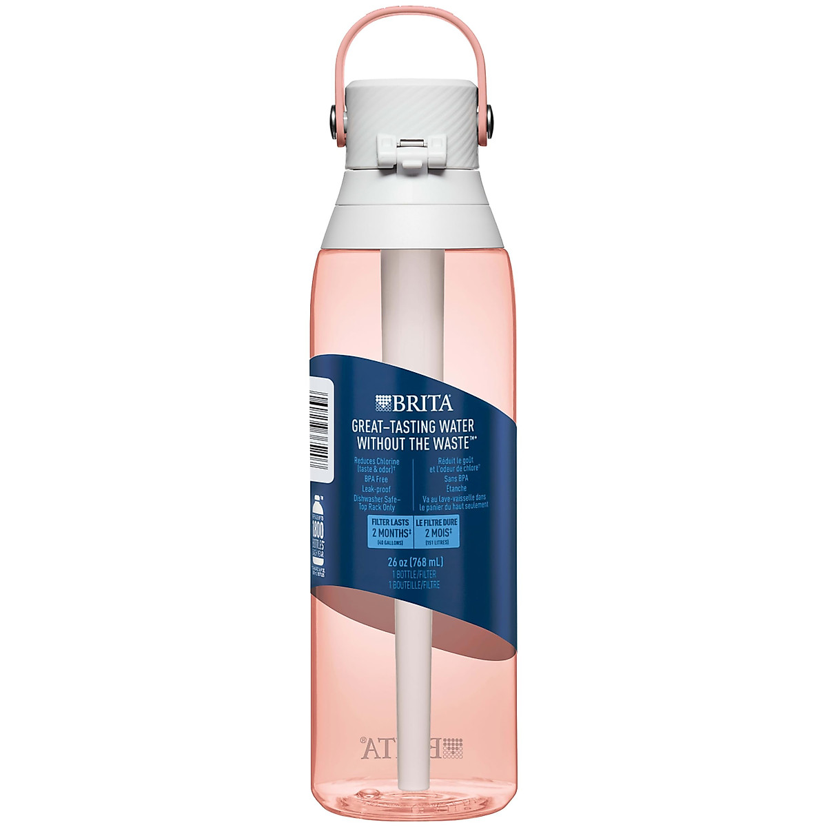 Brita Insulated Filtered Water Bottle with Straw, Reusable, BPA Free Plastic, Blush, 26 Ounce