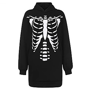 LINASHI Black Skeleton Hoodie Dress for Women Girl Halloween - Long Sleeve Pumpkin Skull Hooded Sweatshirt Pullover with Pocket (C, XXL)