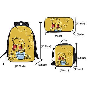 oqizkeu Wi.nnie the P.ooh Bear 3Pcs School Bags Set Boys Girls Student Bookbag 16 Inch Teens Laptop Backpack with Lunch Bag Pencil Case