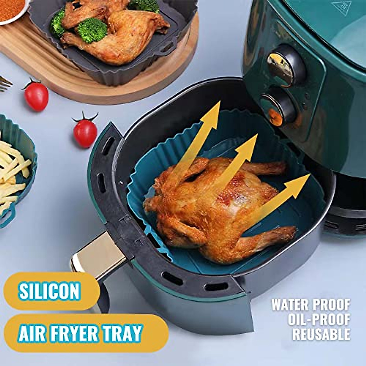 Air Fryer Silicone Liners 2 Pieces Reusable Air Fryer Square Liner for 4 to 7 Qt Heat Resistant Easy Cleaning Air Fryer Silicone Pot for Air Fryer Accessories (Red+Bule)