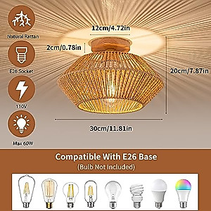 Boho Light Fixtures Rattan Ceiling Light Farmhouse Mini Hand-Woven Cage Flush Mount Chandelier for Bedroom Bathroom Hallway Entryway Living Room