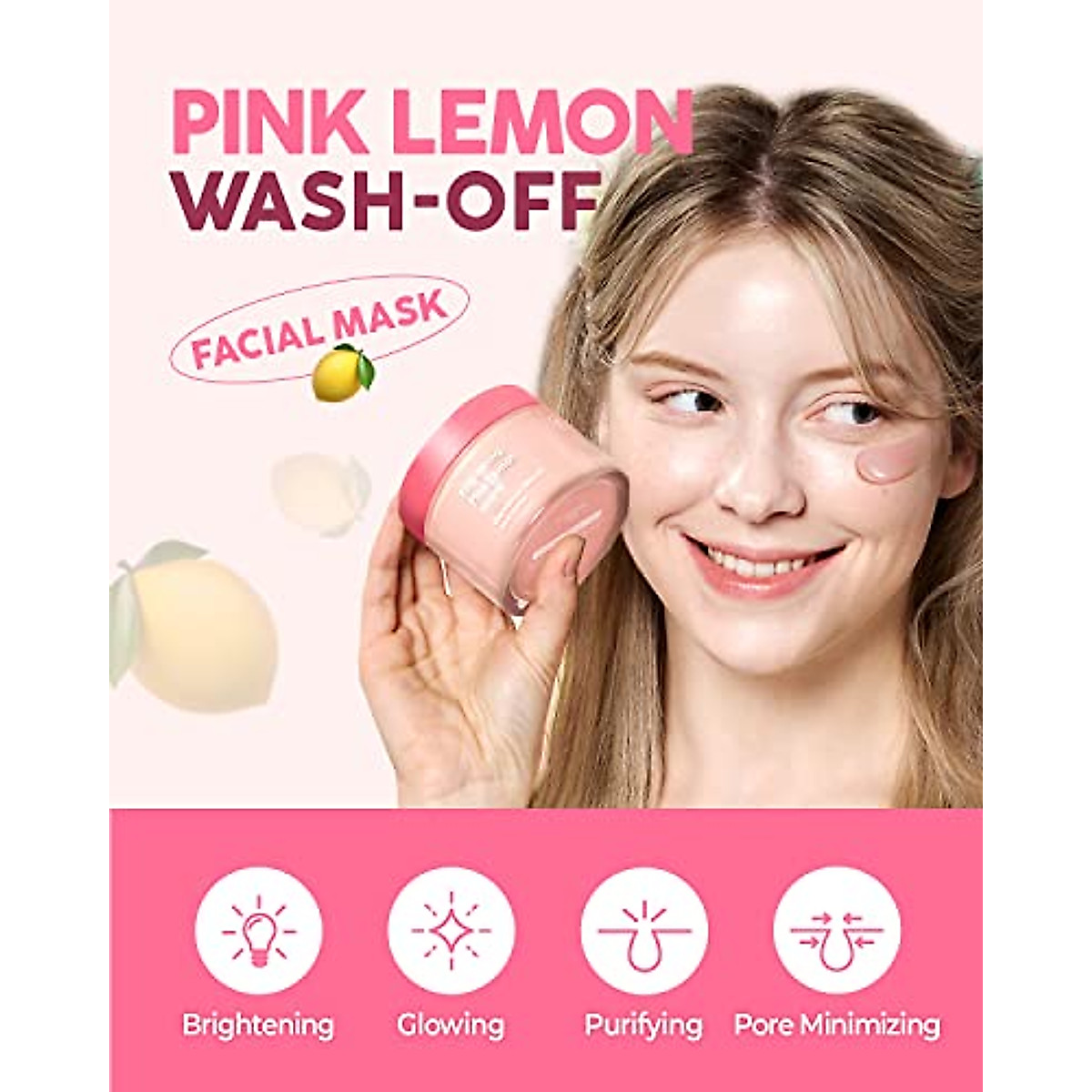 Glam Up Brightening Pink Lemon Clay Mask | Vegan Facial masks, Brightening Pink Clay Mask for Dark Spots | Gentle Exfoliating Hydrating Face Masks Skin care, Pore Cleansing Blackhead remover - (125ml/4.23 Oz)