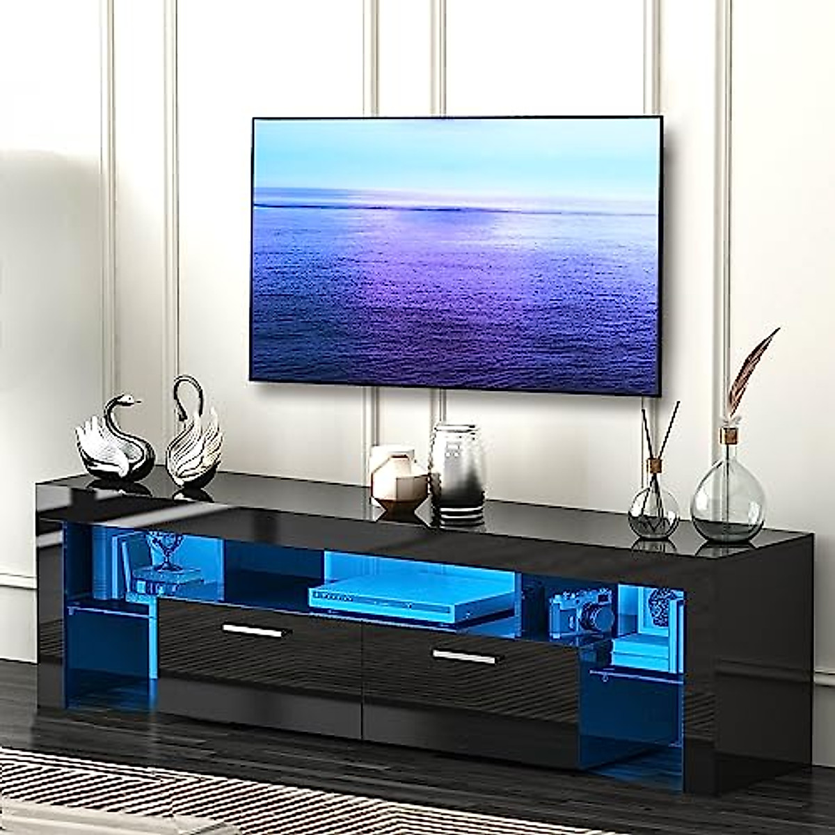 DMIDYLL Black TV Stand with LED Lights for TVs up to 65'', Modern TV Console with Storage Cabinets for Living Room, Bedroom, LED Entertainment Center