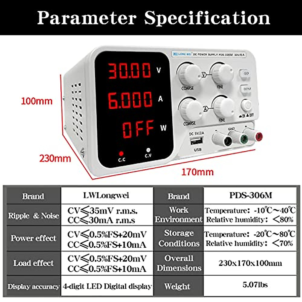 DC Power Supply Variable,30V 6A 180W Adjustable Switching Regulated DC Bench Power Supply with 4-Digits LED Power Display 5V/2A USB Output, Coarse and Fine Adjustments White