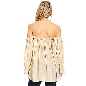 Anna-Kaci Womens Semi Sheer Boho Peasant Long Sleeve Off The Shoulder Top, Beige, XX-Large