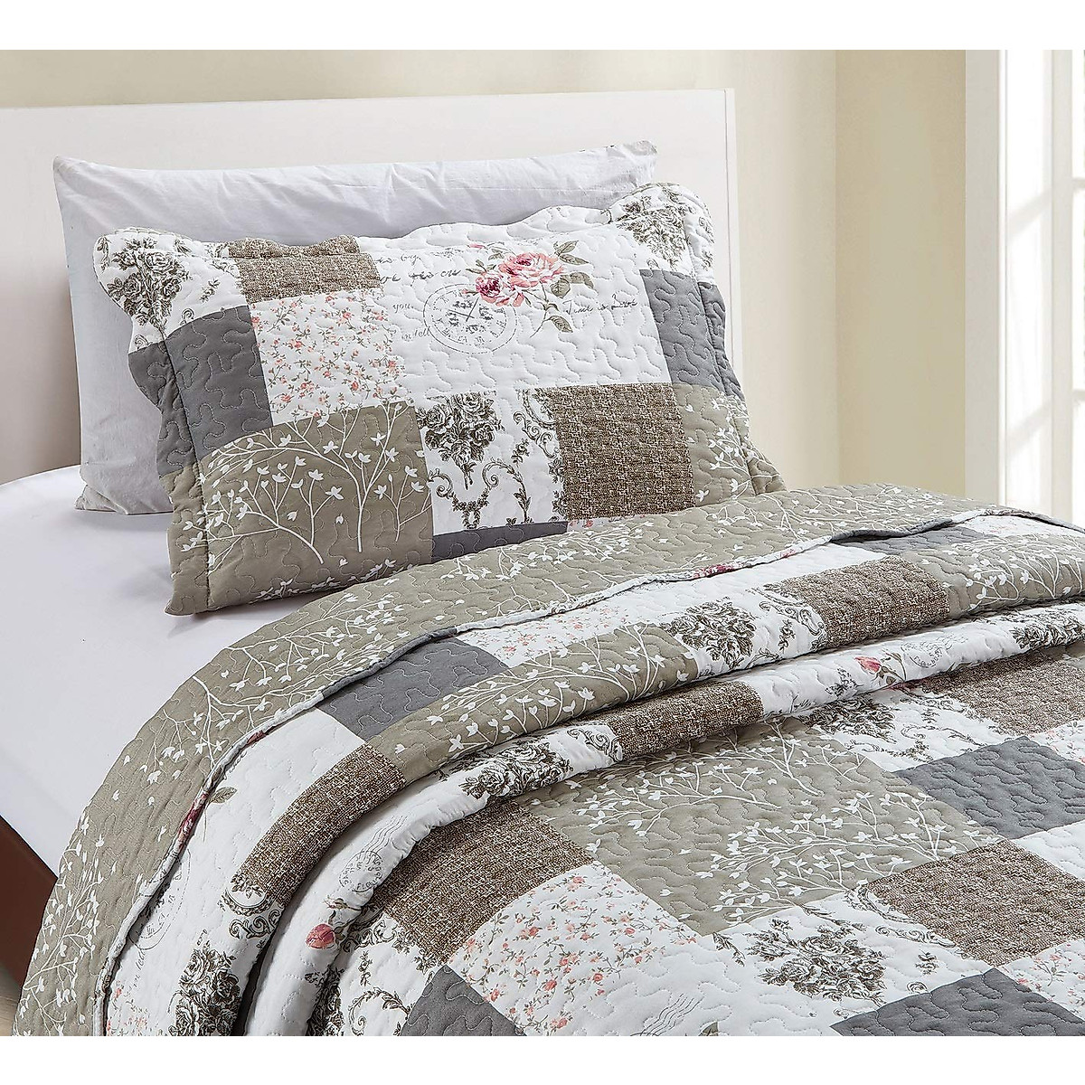 Brilliant Sunshine Roses and Toile Quilt Set, 2-Piece Bedding Sets with 1 Sham, Patchwork Design, Washable and Reversible Bedspread, Soft Lightweight Coverlet, All-Season, Twin/Twin XL, Rose Grey